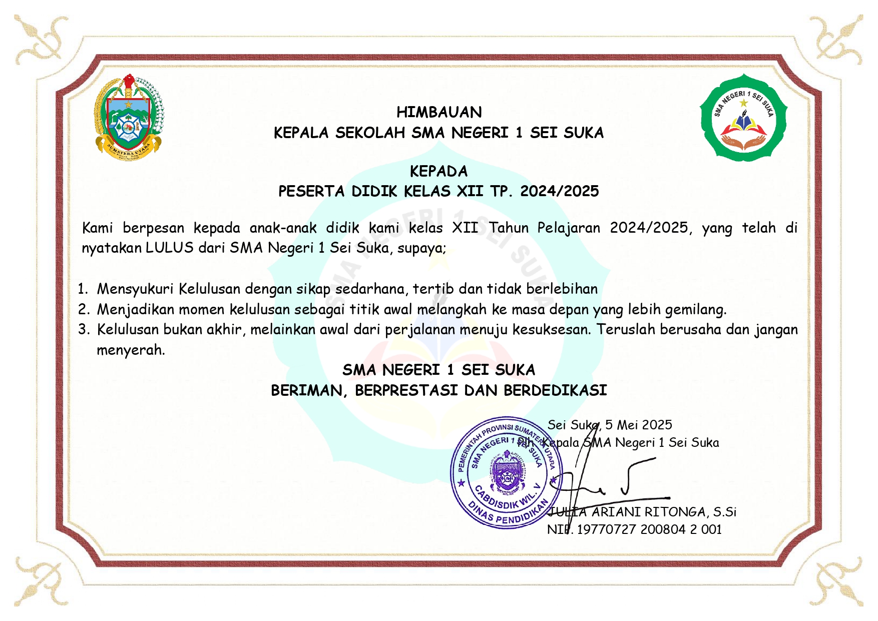 HIMBAUAN KEPALA SEKOLAH SMA NEGERI 1 SEI SUKA ATAS KELULUSAN PESERTA ...